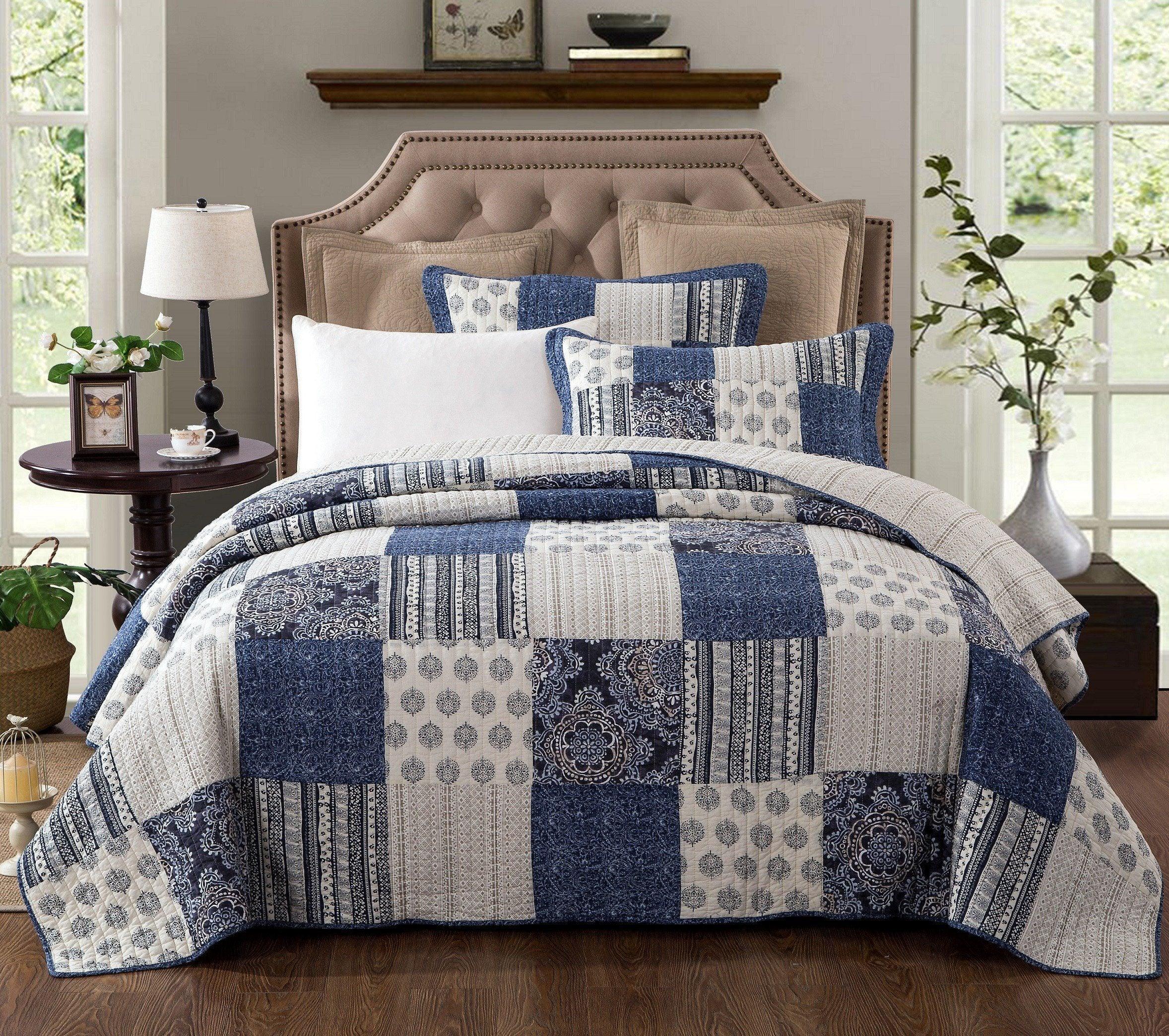 DaDa Bedding Bohemian Denim Blue Elegance Patchwork Cotton Bedspread S ...
